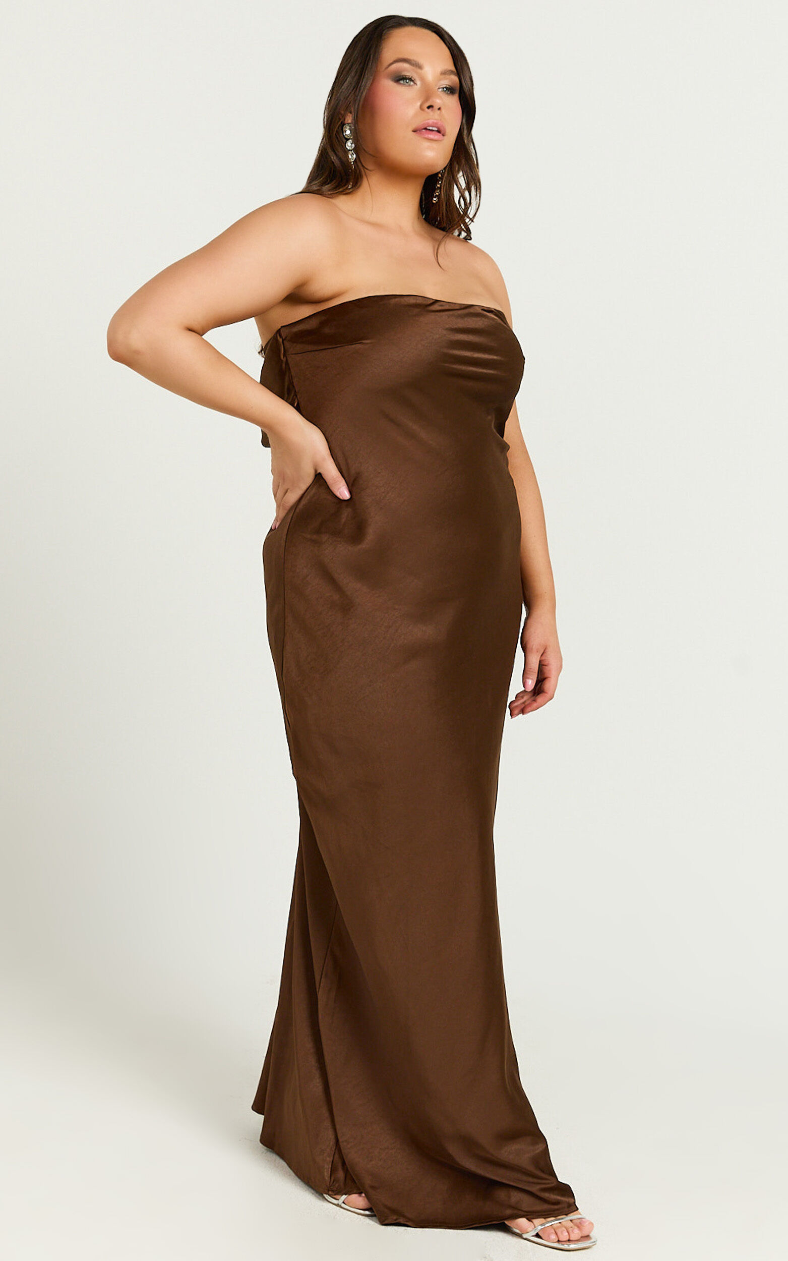 Charlita Maxi Dress - Strapless Cowl Back Satin Dress in Chocolate ...