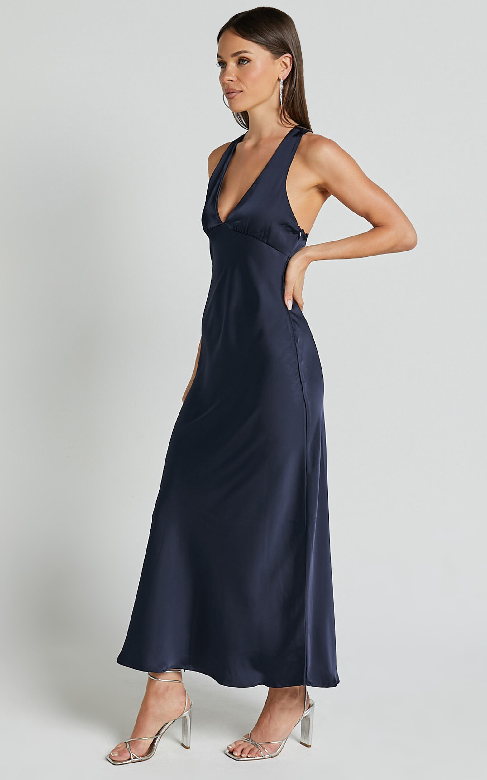 Khalani Midi Dress Deep V Neck Satin Slip Dress In Navy Showpo