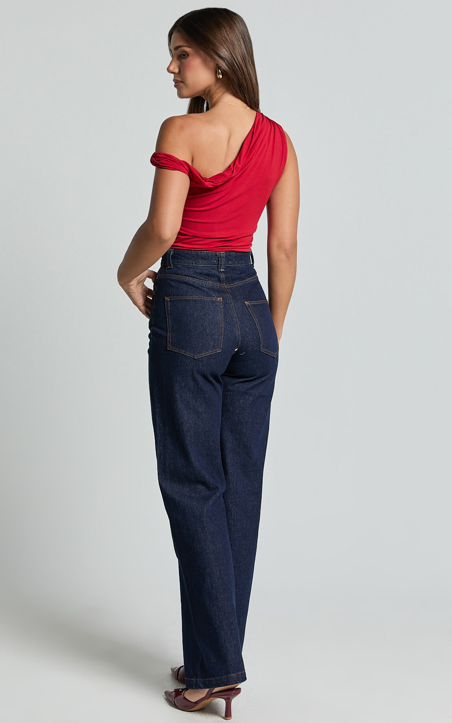 Jialeen Top Off Shoulder Twist Asymmetrical Sleeve Top In Red