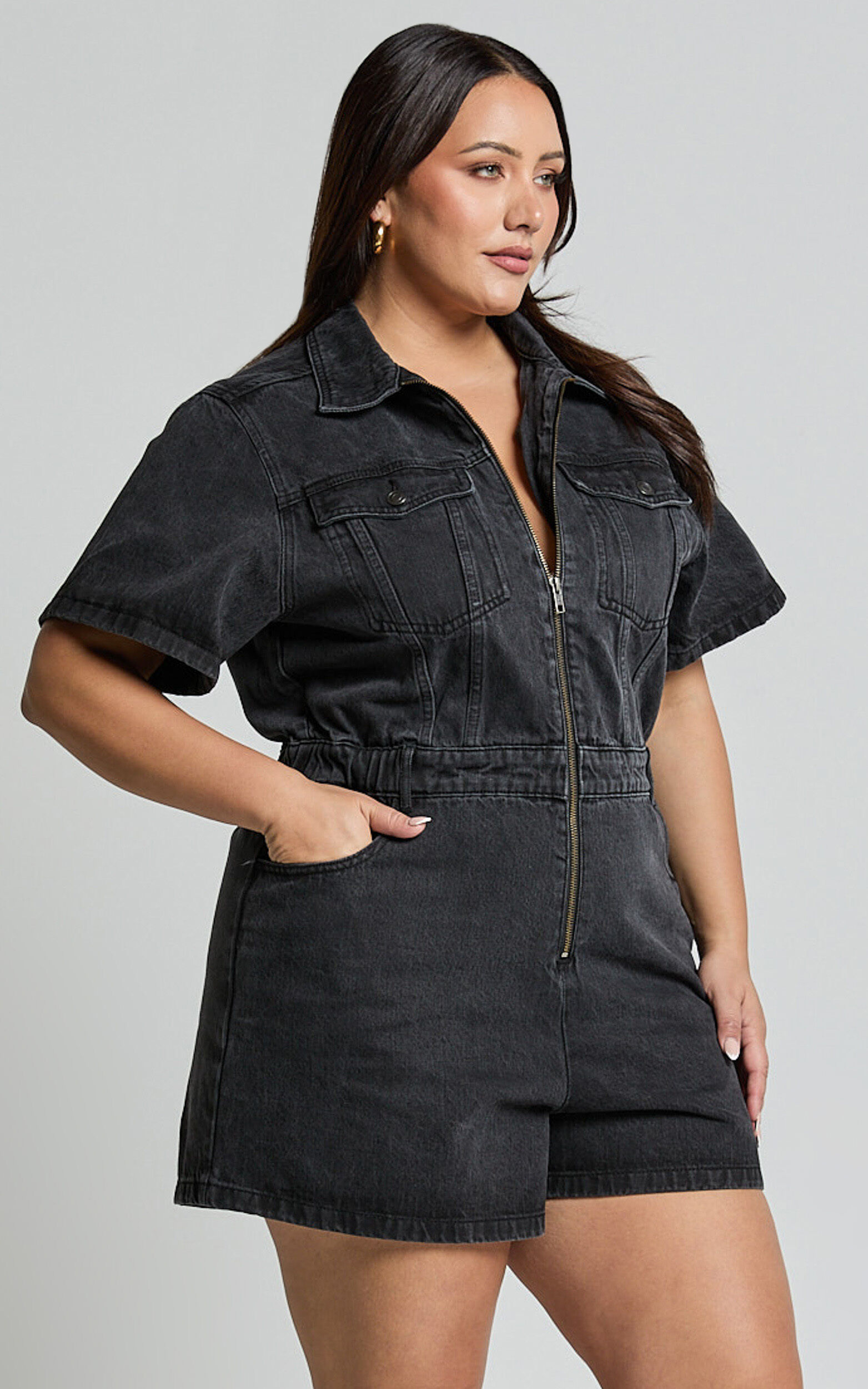 Mauriel Playsuit Recycled Cotton Utility Playsuit In Washed Black