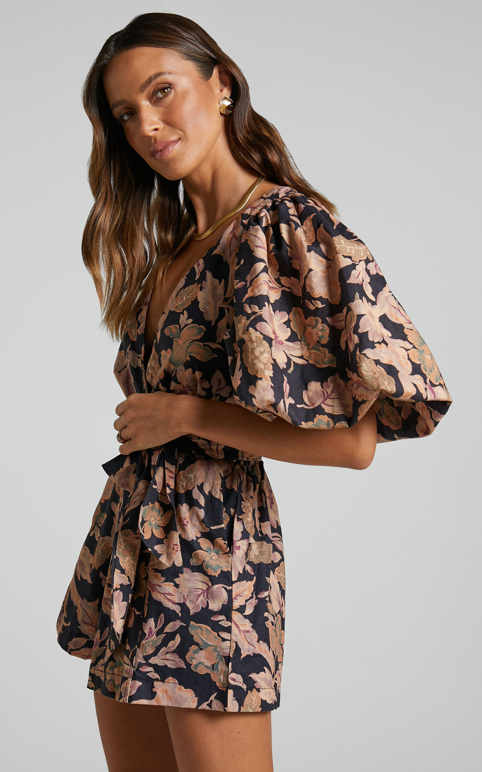 Amalie The Label Emerita Linen Blend Open Back Puff Sleeve Plunge