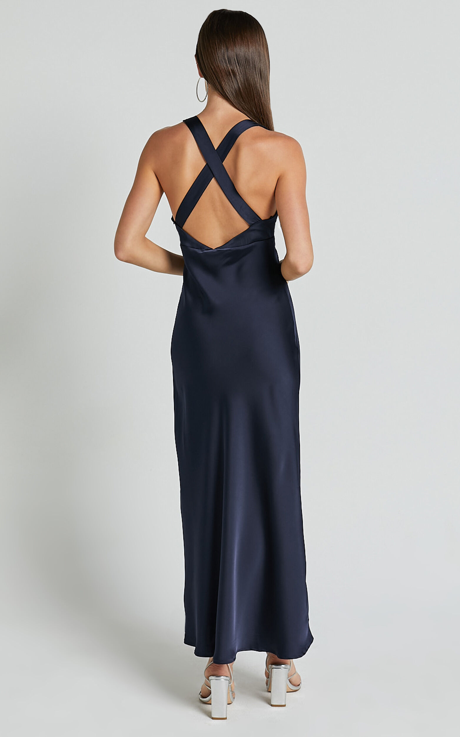 Khalani Midi Dress Deep V Neck Satin Slip Dress In Navy Showpo Nz