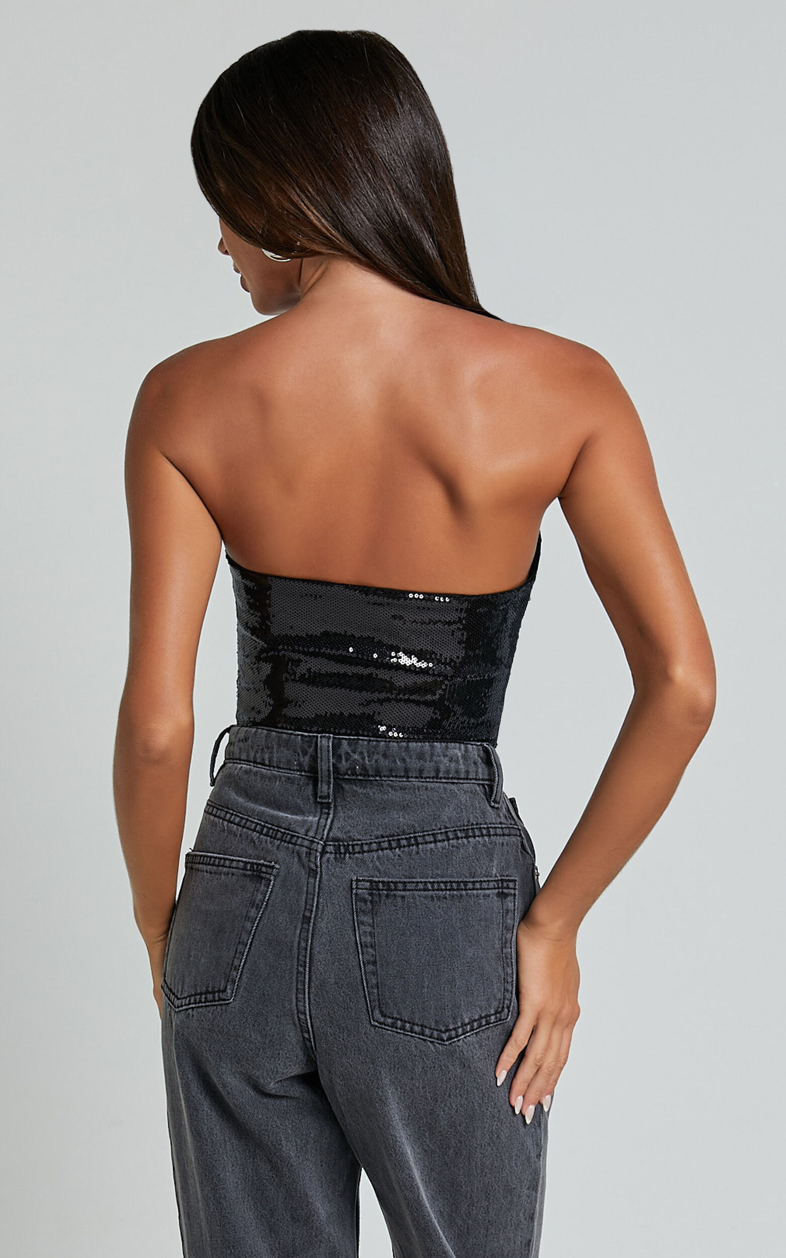 Gabbie Top Hook And Eye Detail Sequin Corset Top In Black Showpo