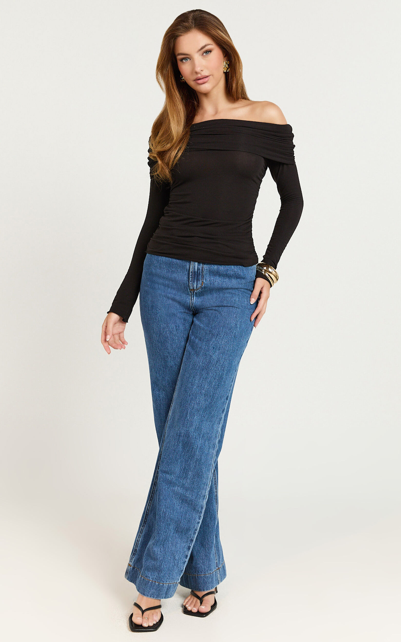 Aldine Top Long Sleeve Off Shoulder Top In Black Showpo
