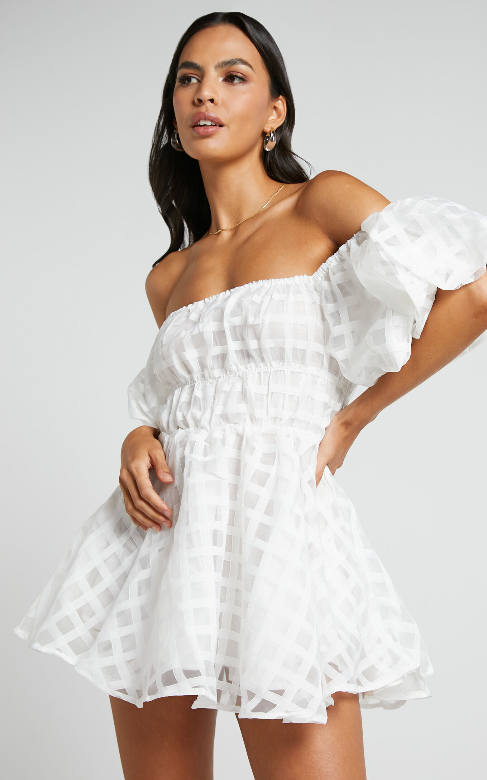 Paloma Mini Dress Off Shoulder Puff Sleeve Textured Net Dress In