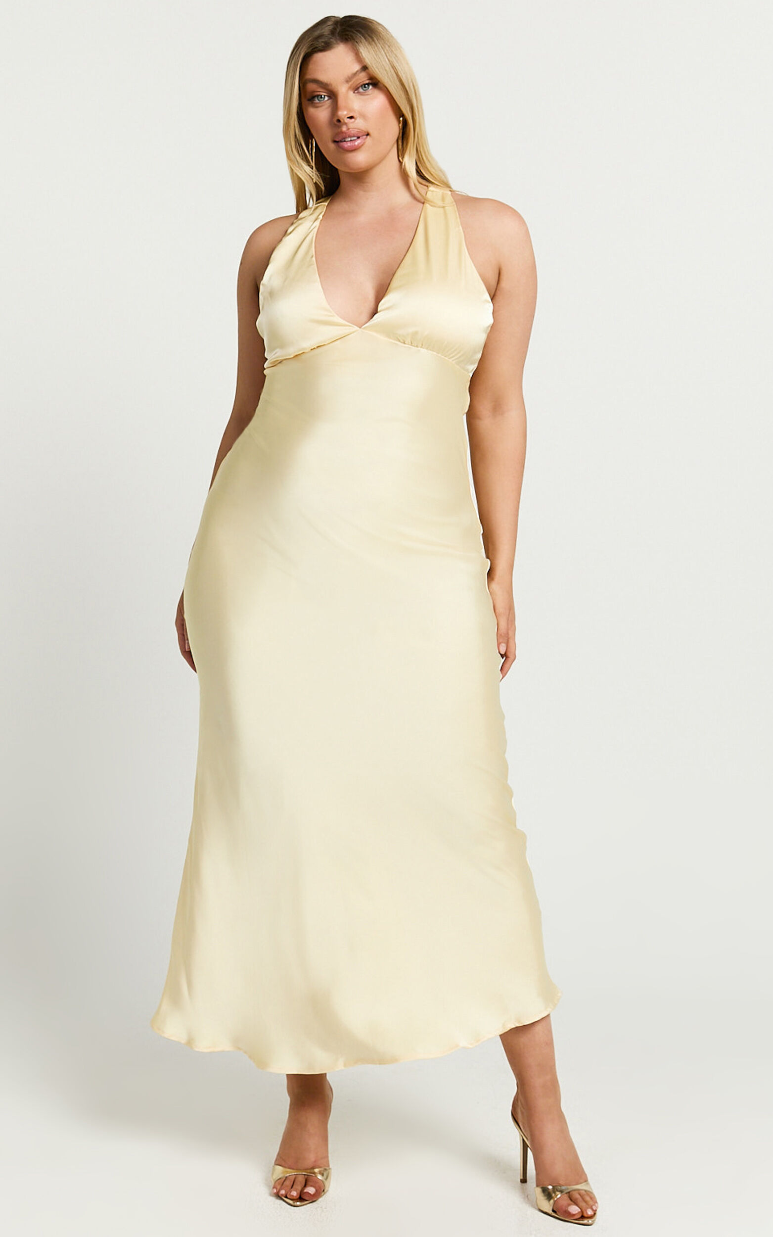 Khalani Midi Dress Deep V Neck Satin Slip Dress In Butter Yellow Showpo