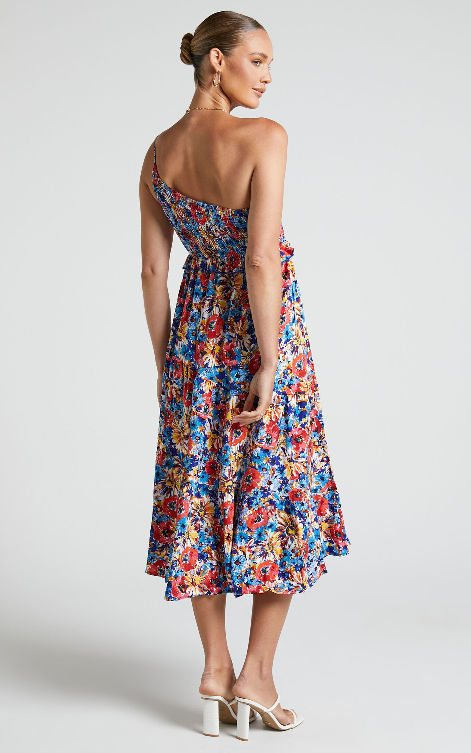 Mima Midi Dress One Shoulder Shirred Bust Dress In Blue Floral Showpo