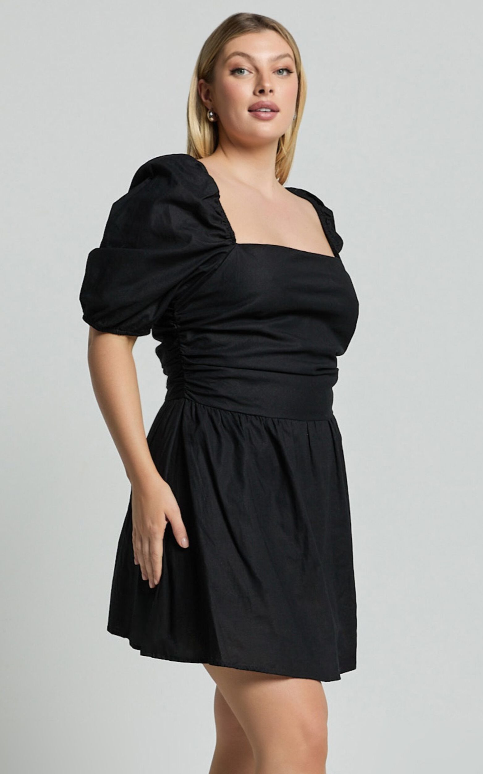 Claudina Mini Dress Linen Look Puff Sleeve Ruched Bodice Dress In
