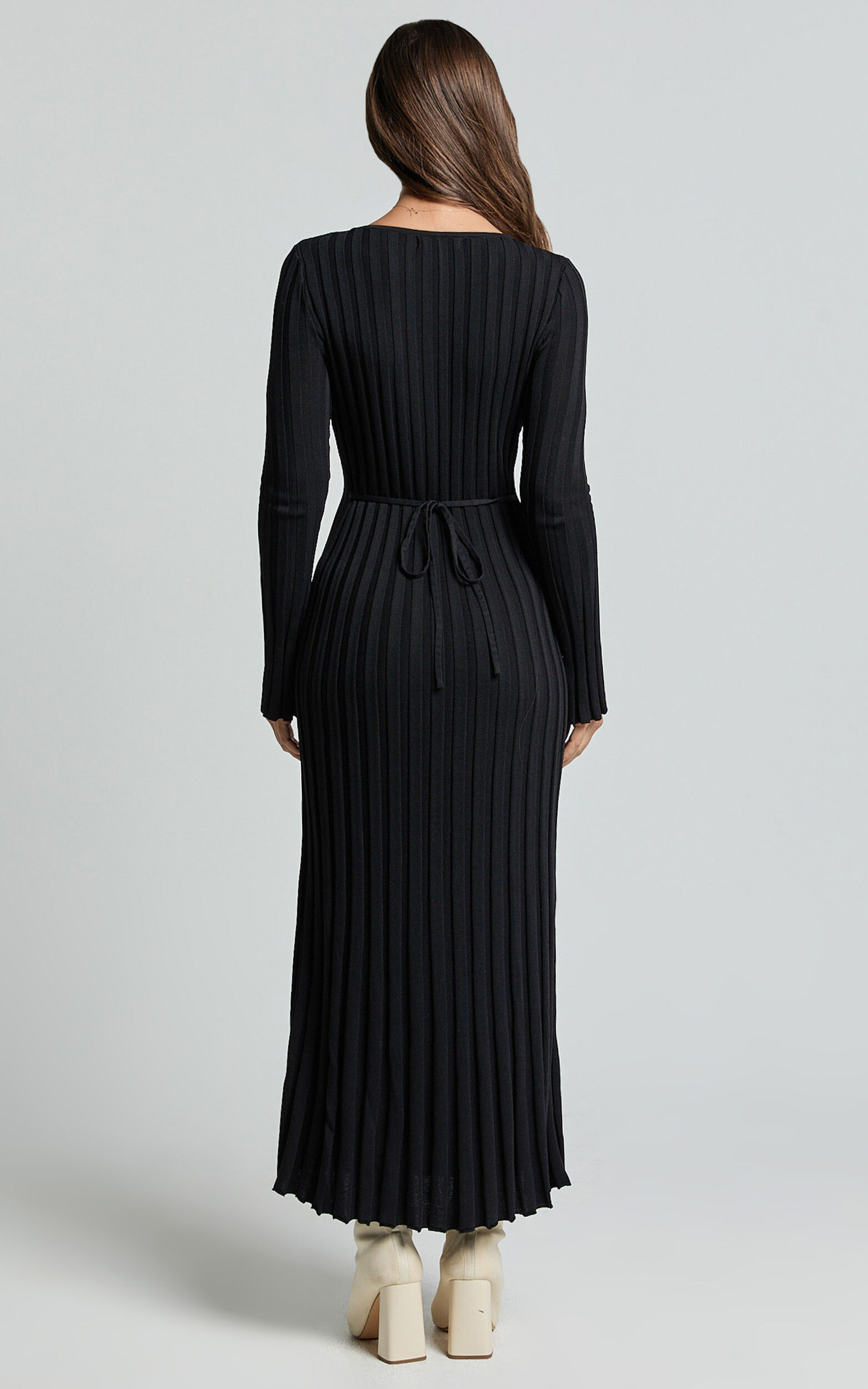Astra Midi Dress V Neck Long Sleeve Knit Dress In Black Showpo Usa