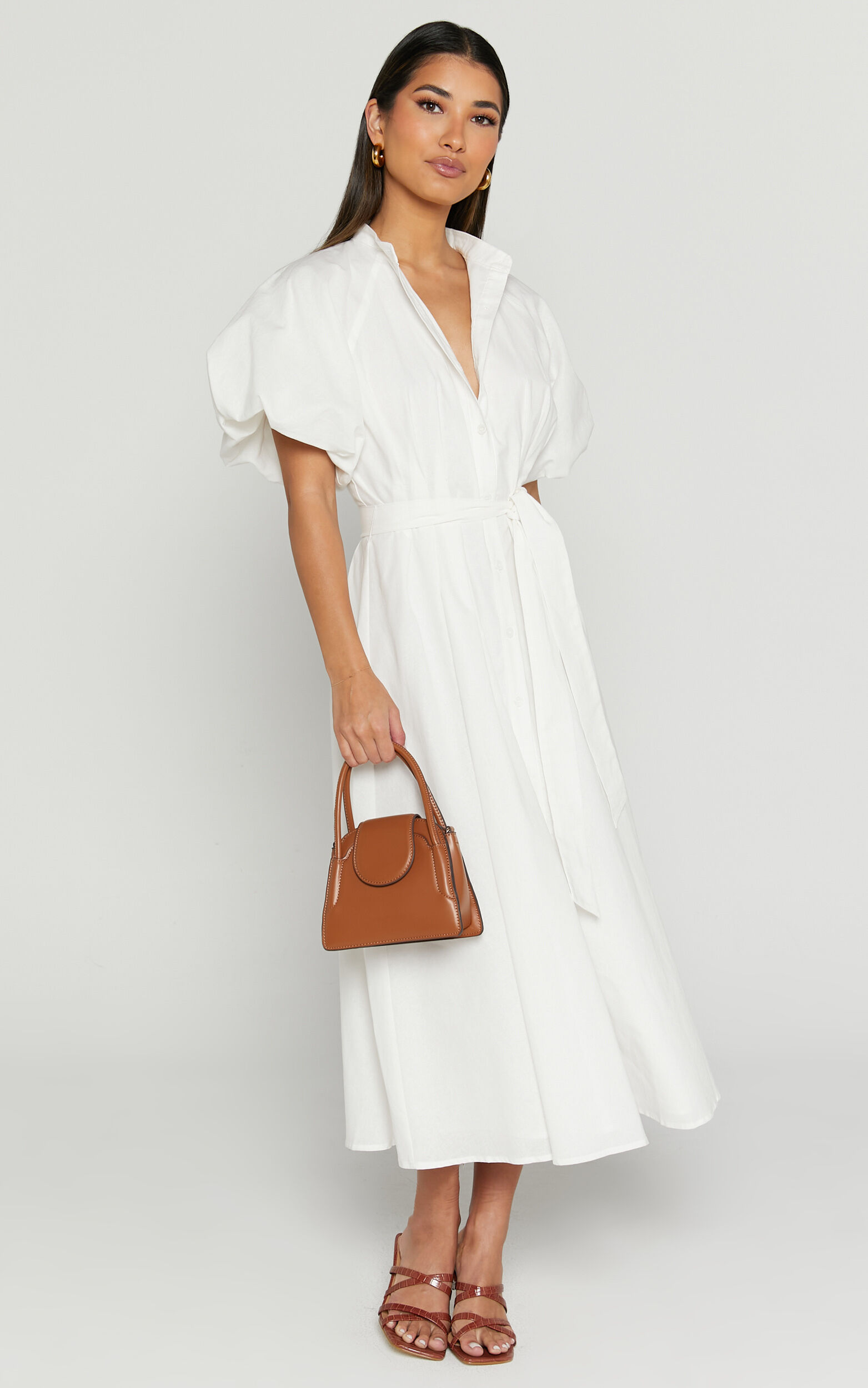 Sabrina Midi Dress Linen Look Raglan Sleeve Belted Dress In White