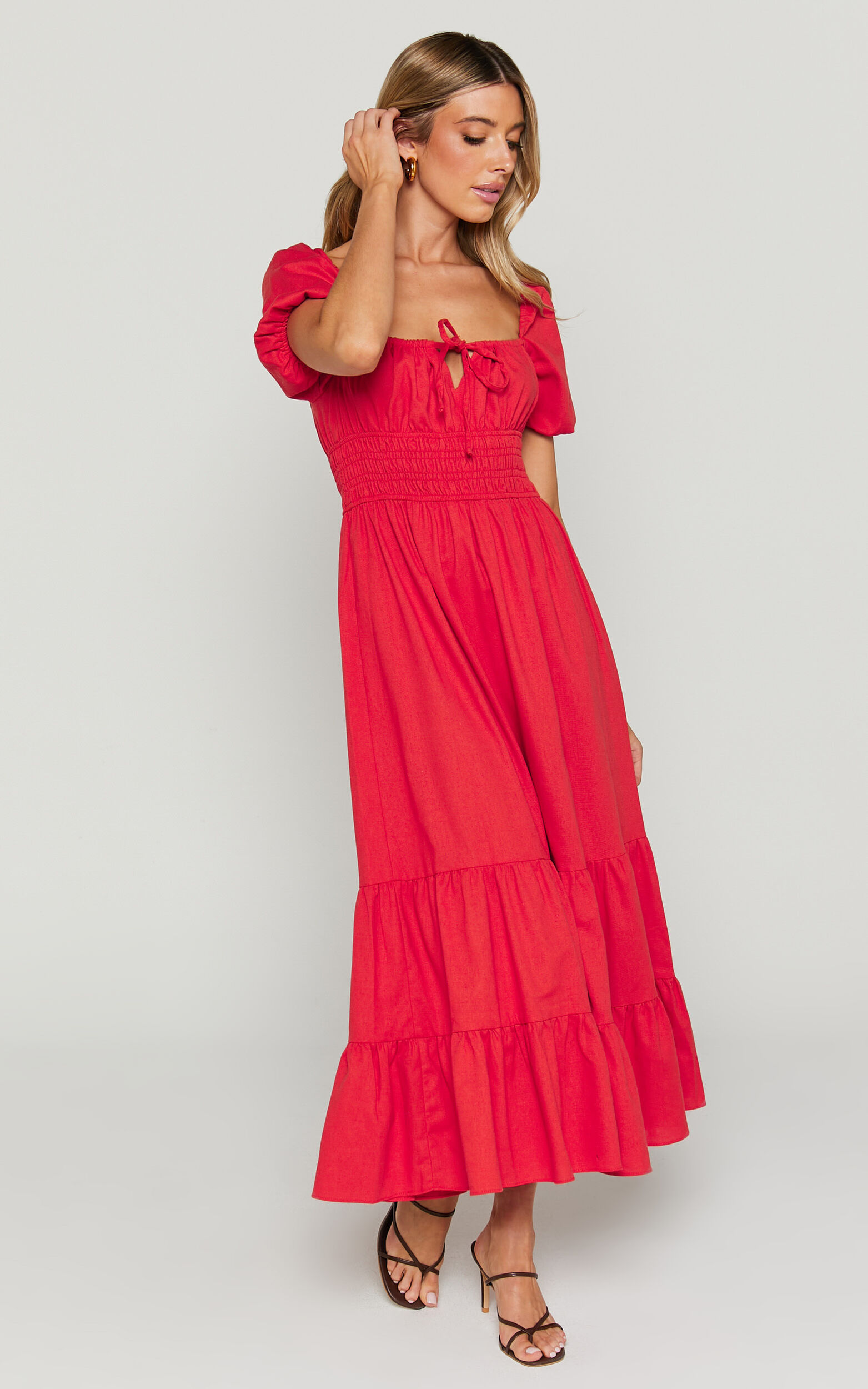 Claritza Midi Dress Linen Look Short Puff Sleeve Square Neck Tiered