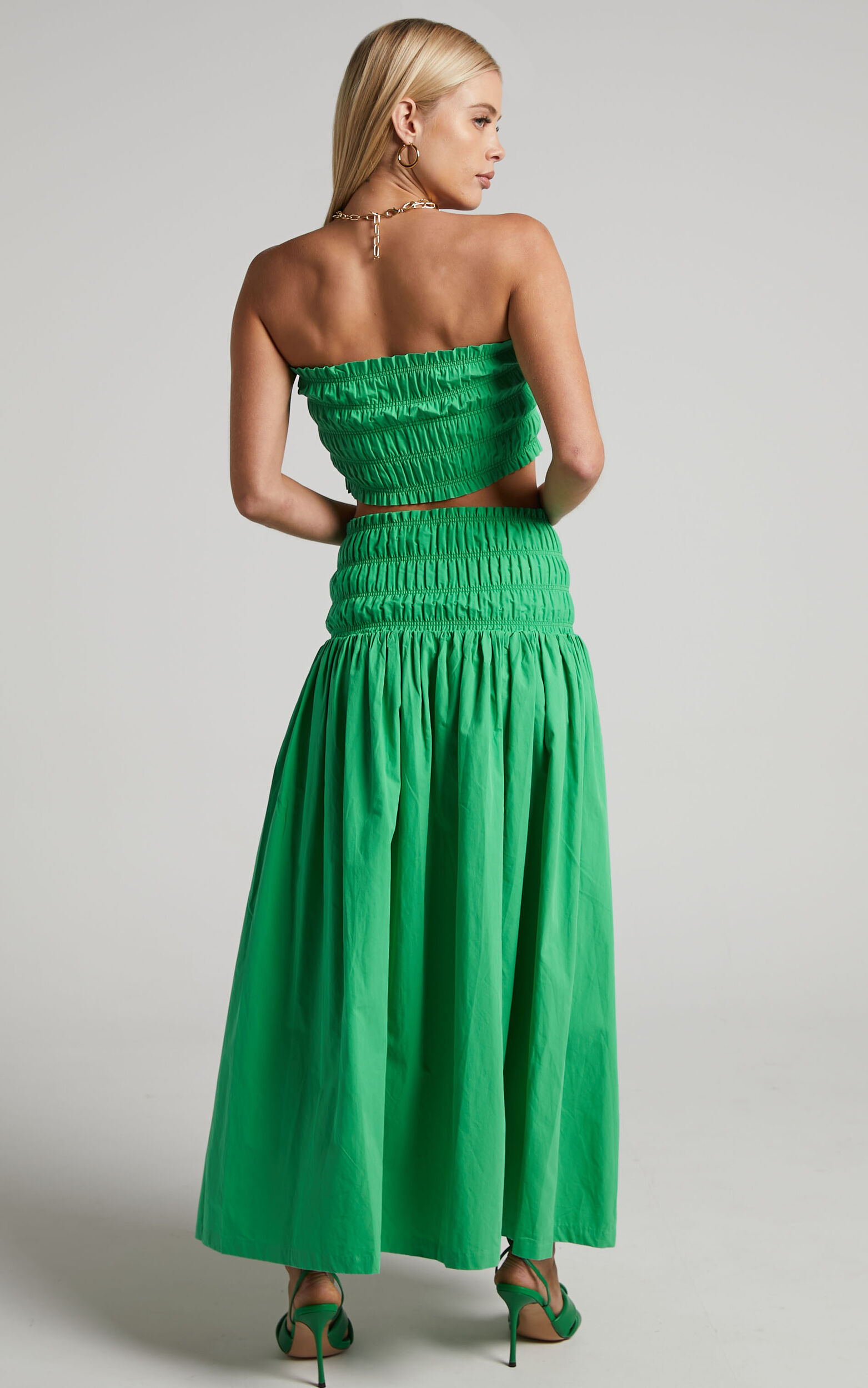 Haydie Two Piece Set Shirred Bandeau Crop Top And Maxi Skirt In Green
