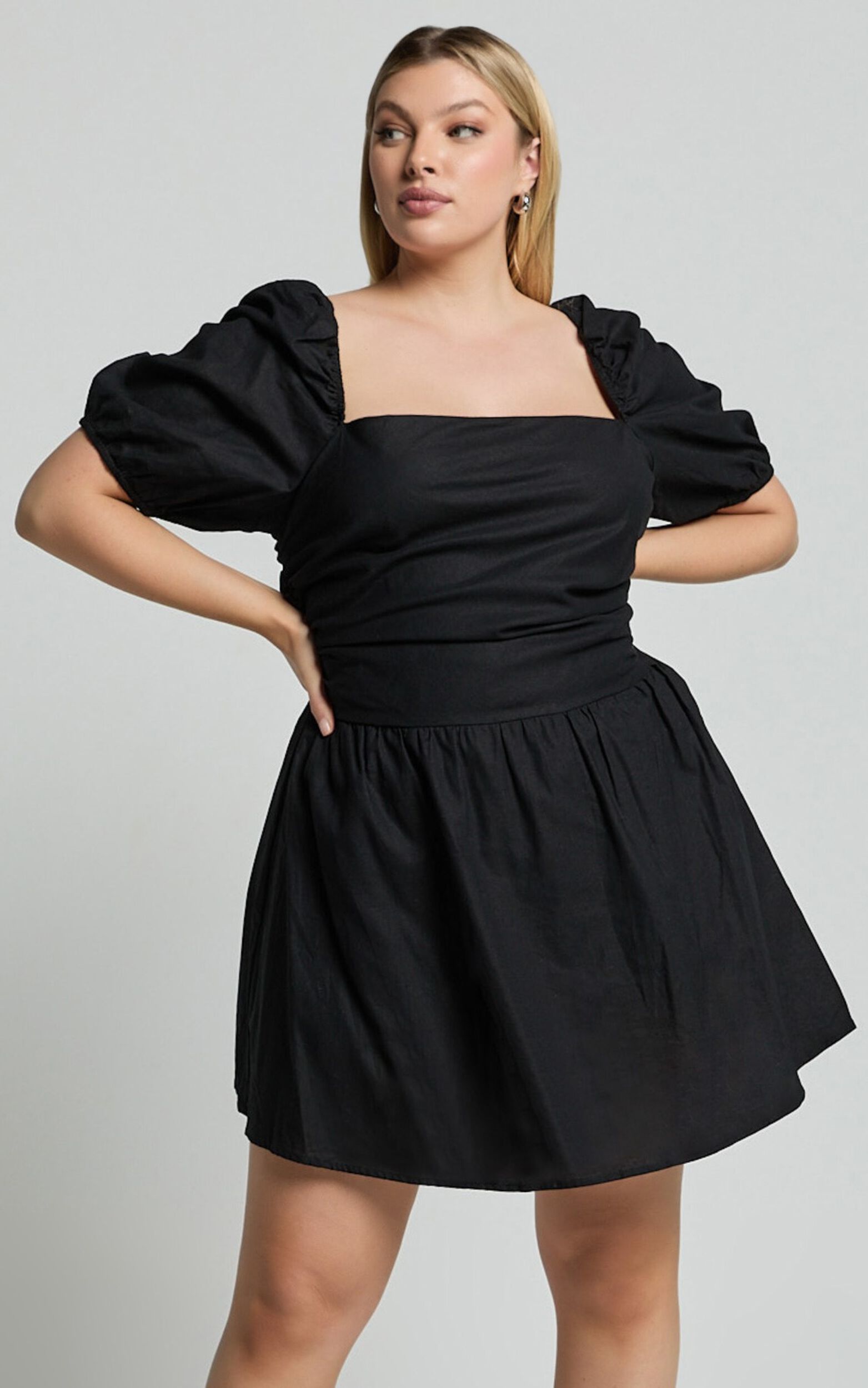 Claudina Mini Dress Linen Look Puff Sleeve Ruched Bodice Dress In
