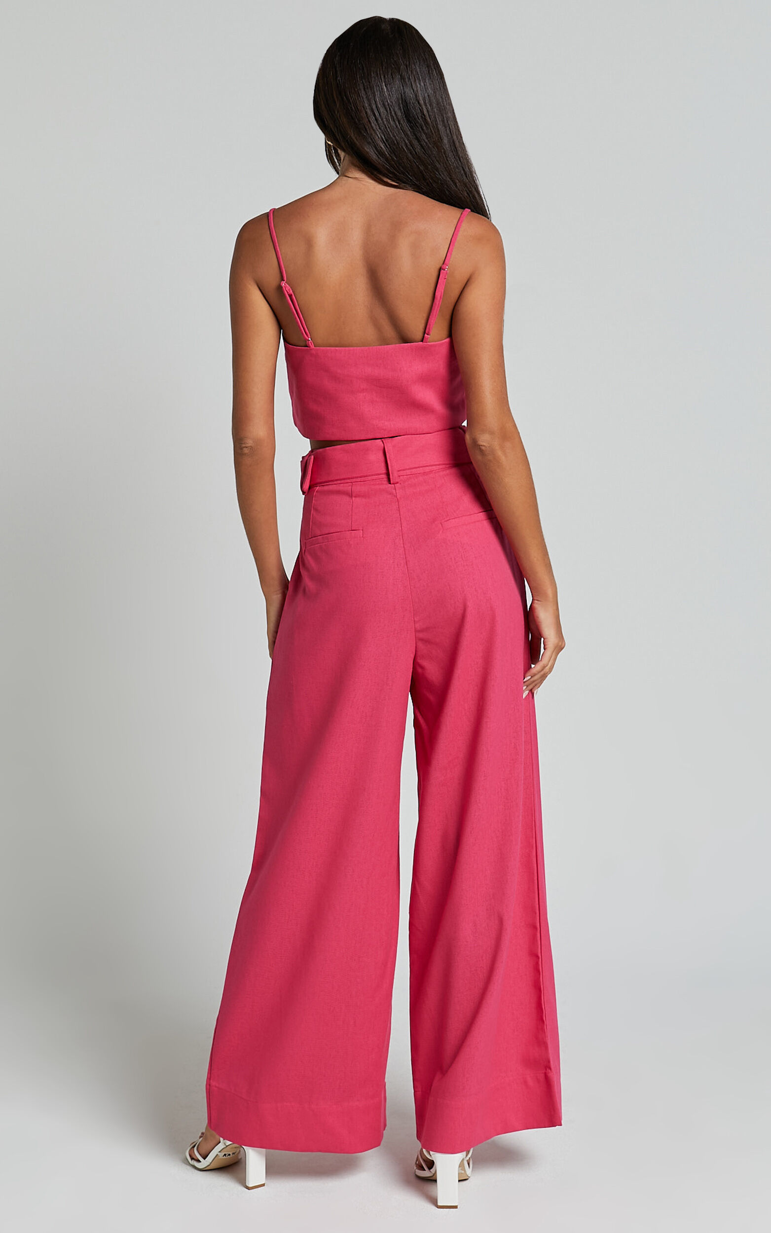 Thelma Two Piece Set Linen Look Bandeau Crop Top And Belted Wide Leg