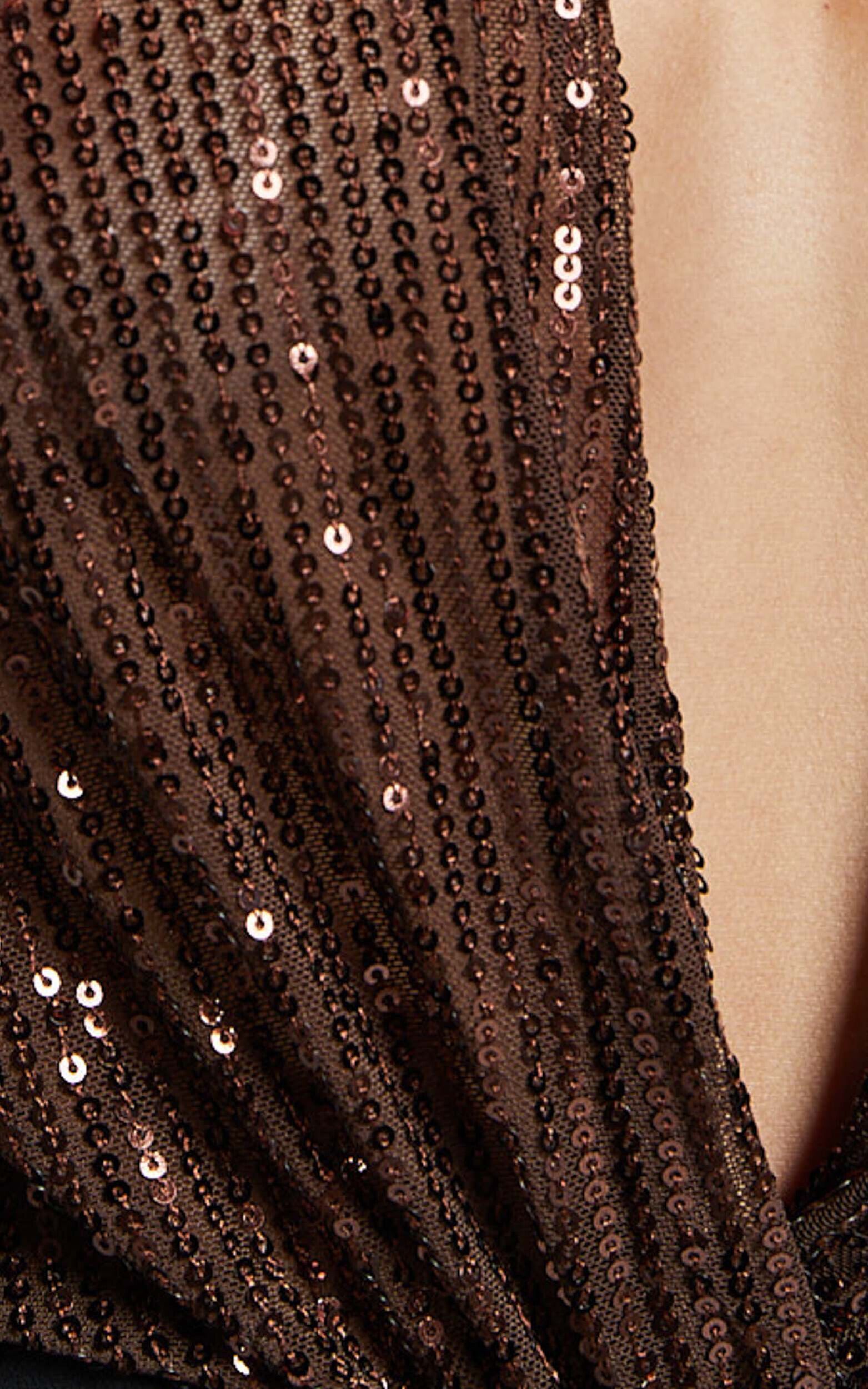 Alora Bodysuit Sequin Wrap Front Long Sleeve Bodysuit In Chocolate