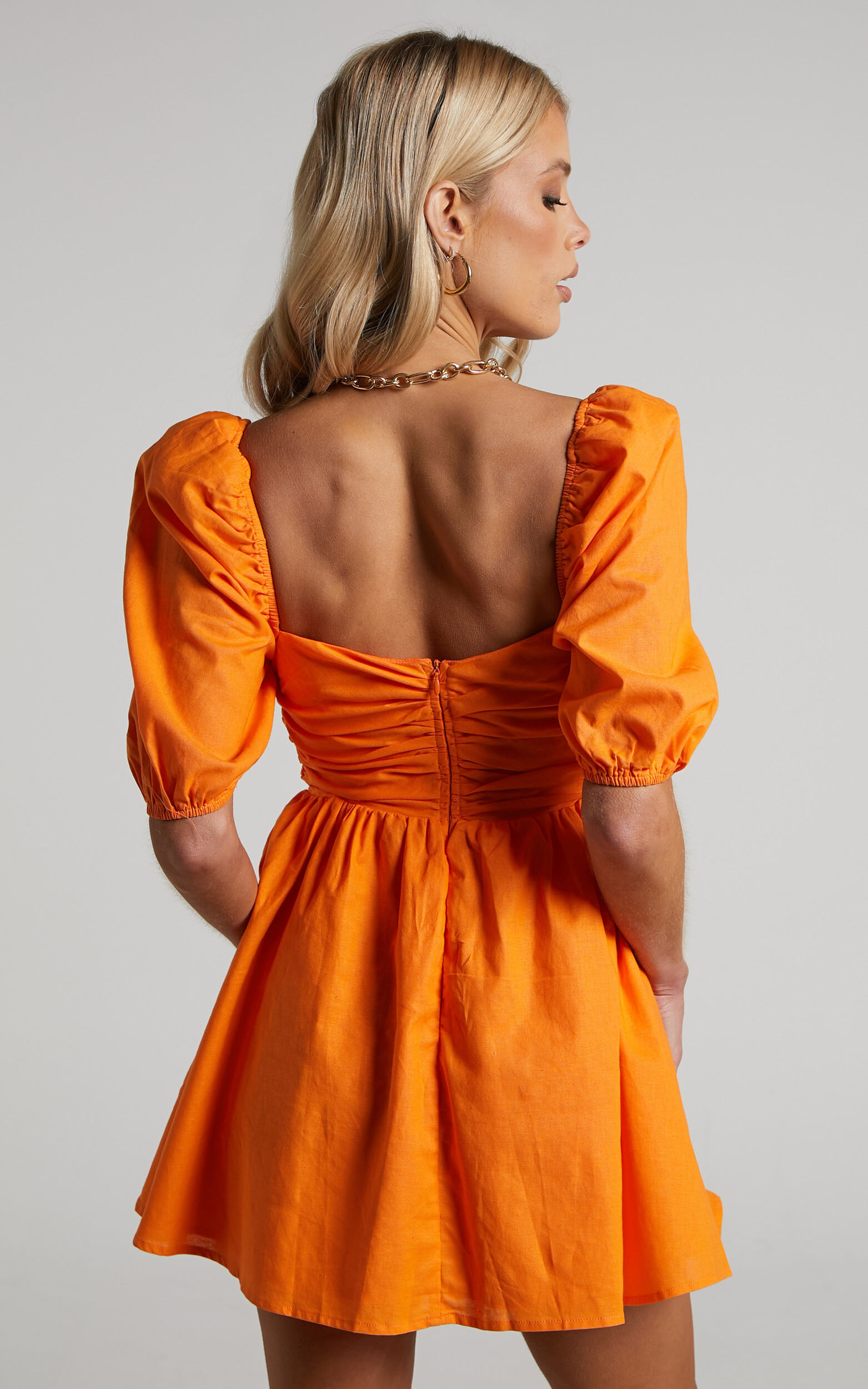 Claudina Mini Dress Linen Look Puff Sleeve Ruched Bodice Dress In