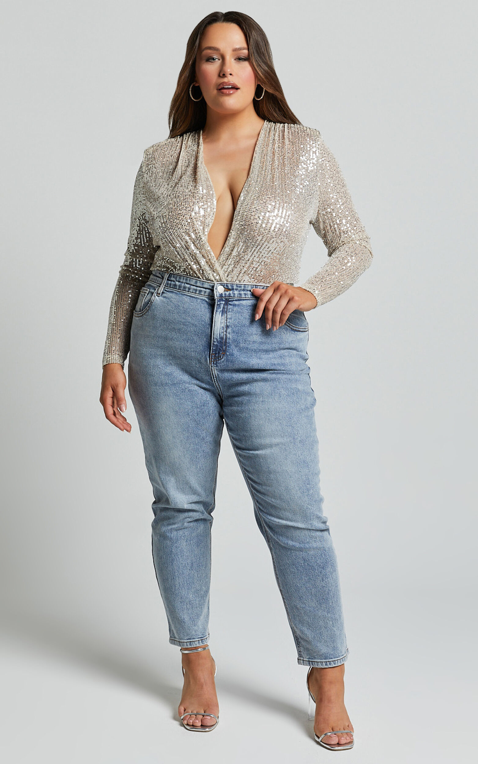 Alora Bodysuit Sequin Wrap Front Long Sleeve Bodysuit In Silver Showpo