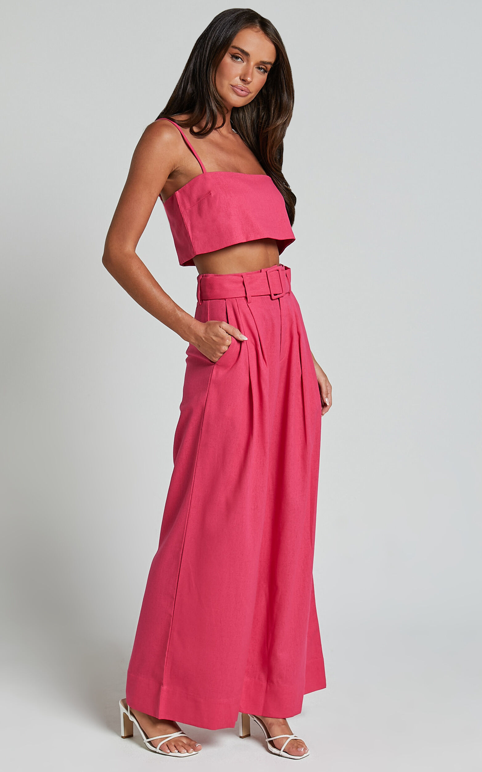 Thelma Two Piece Set Linen Look Bandeau Crop Top And Belted Wide Leg
