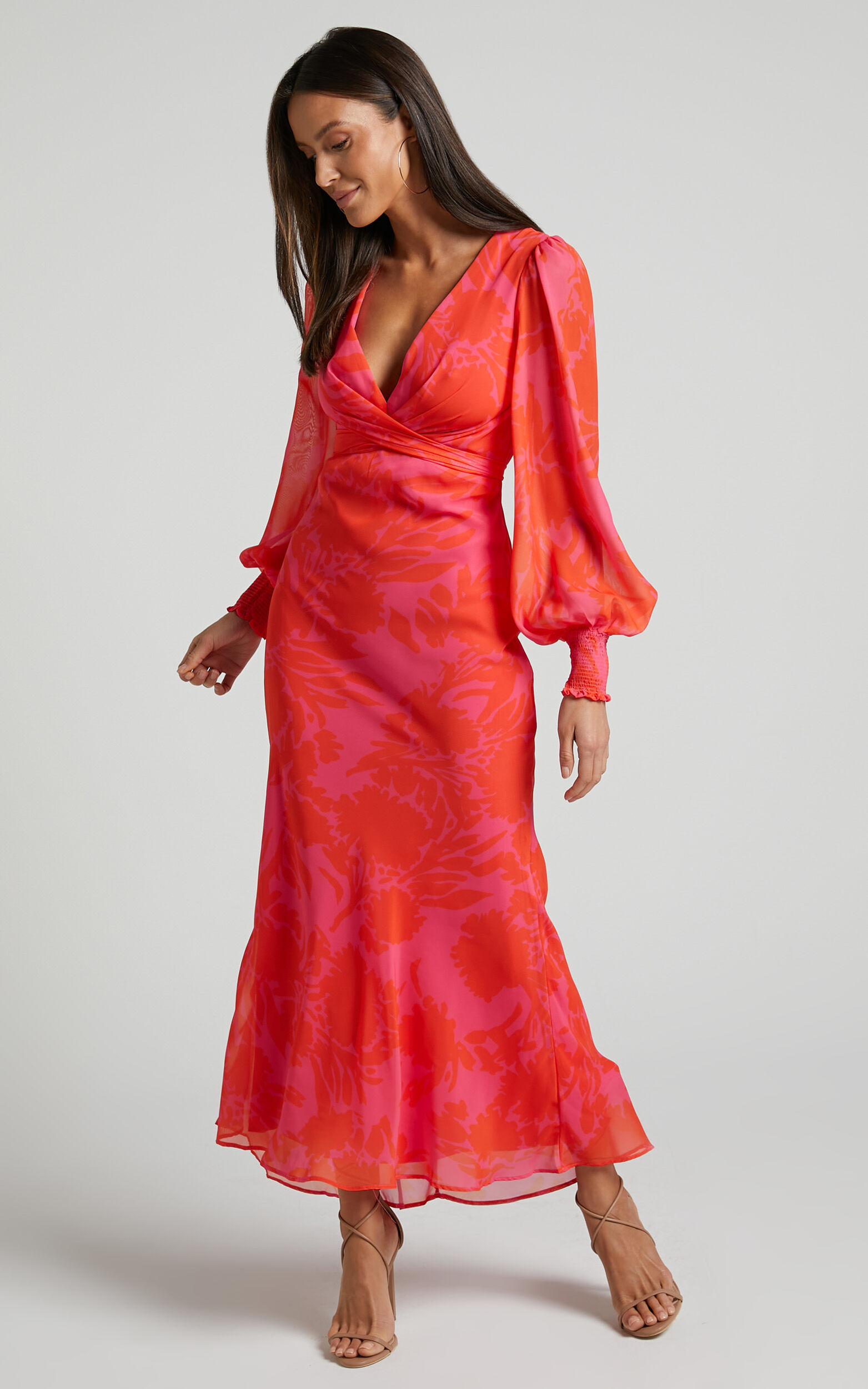 Artelia Midi Dress V Neck Long Sleeve Slip Dress In Pink Floral Showpo