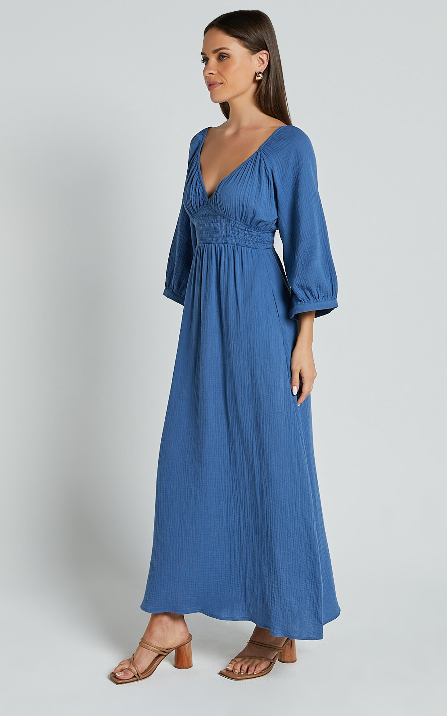 Anya Midi Dress V Neck Long Sleeve Dress In Blue Showpo Usa