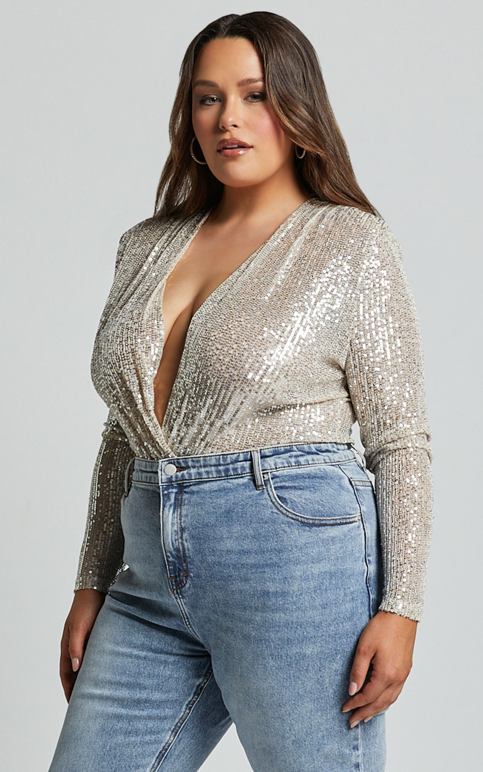 Alora Bodysuit Sequin Wrap Front Long Sleeve Bodysuit In Silver