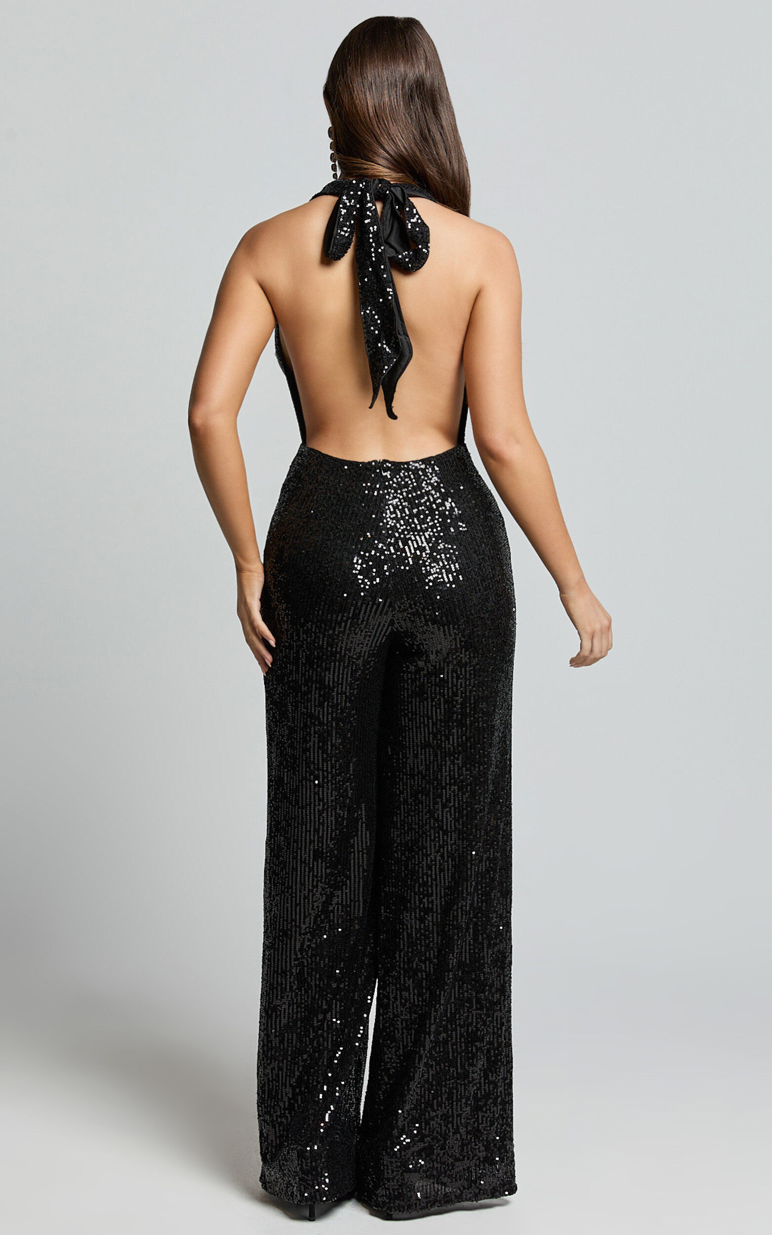 Julien Jumpsuit Backless Wide Leg Cowl Neck Sequin Jumpsuit In Black