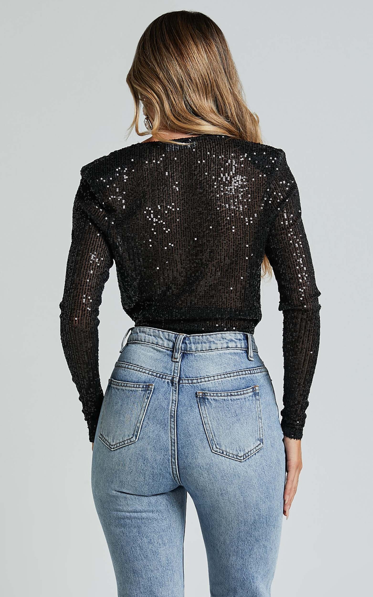 Alora Bodysuit Sequin Wrap Front Long Sleeve Bodysuit In Black Sequin