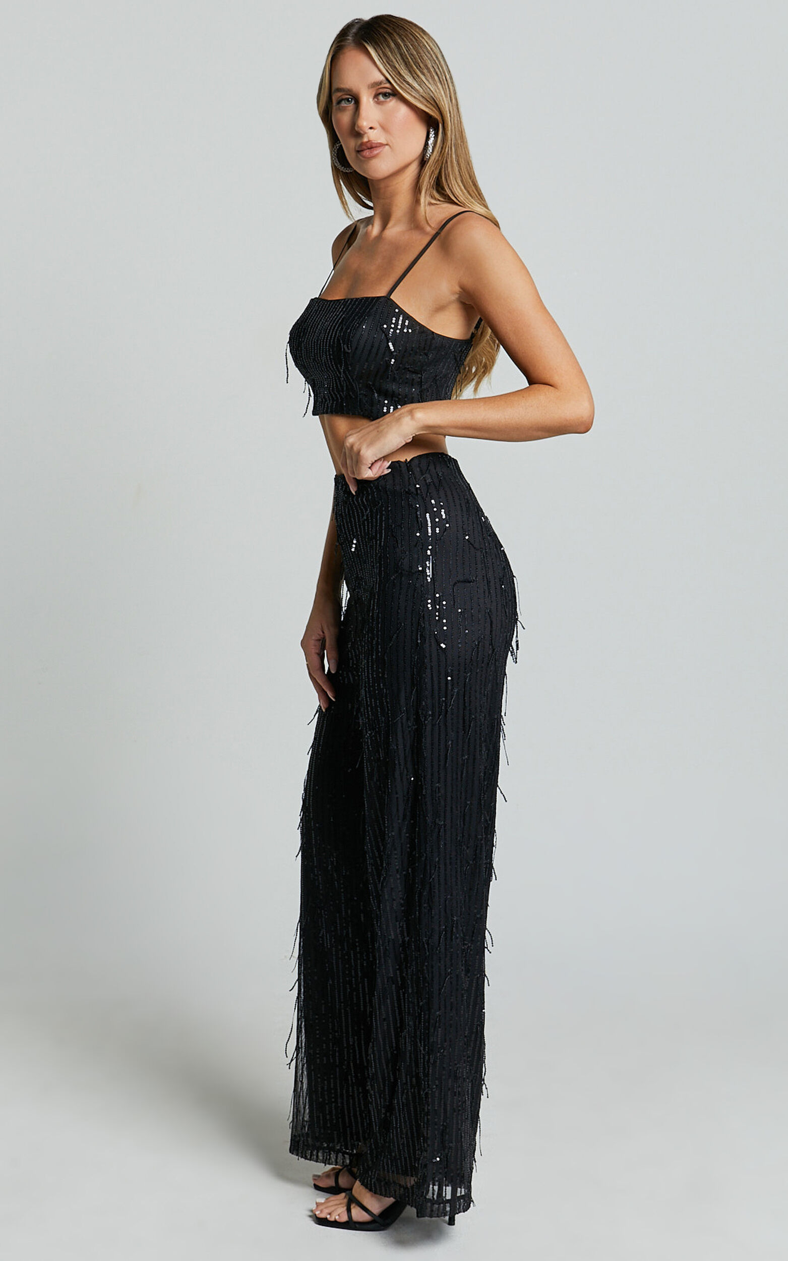 Claudette Pants High Waist Wide Leg Fringe Sequin Pants In Black Showpo Usa