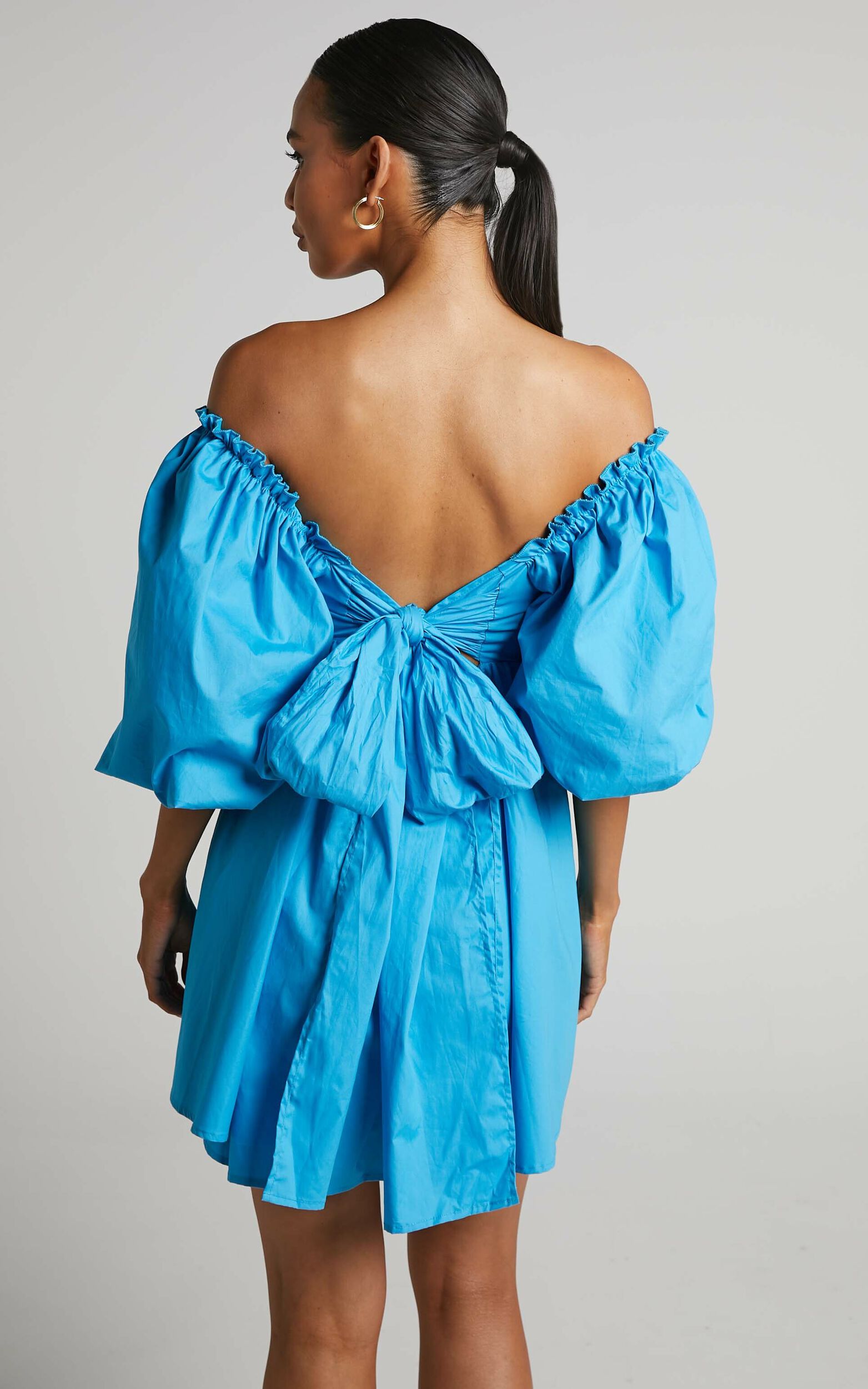 Melony Mini Dress Cotton Poplin Puff Sleeve Dress In Blue Showpo Usa
