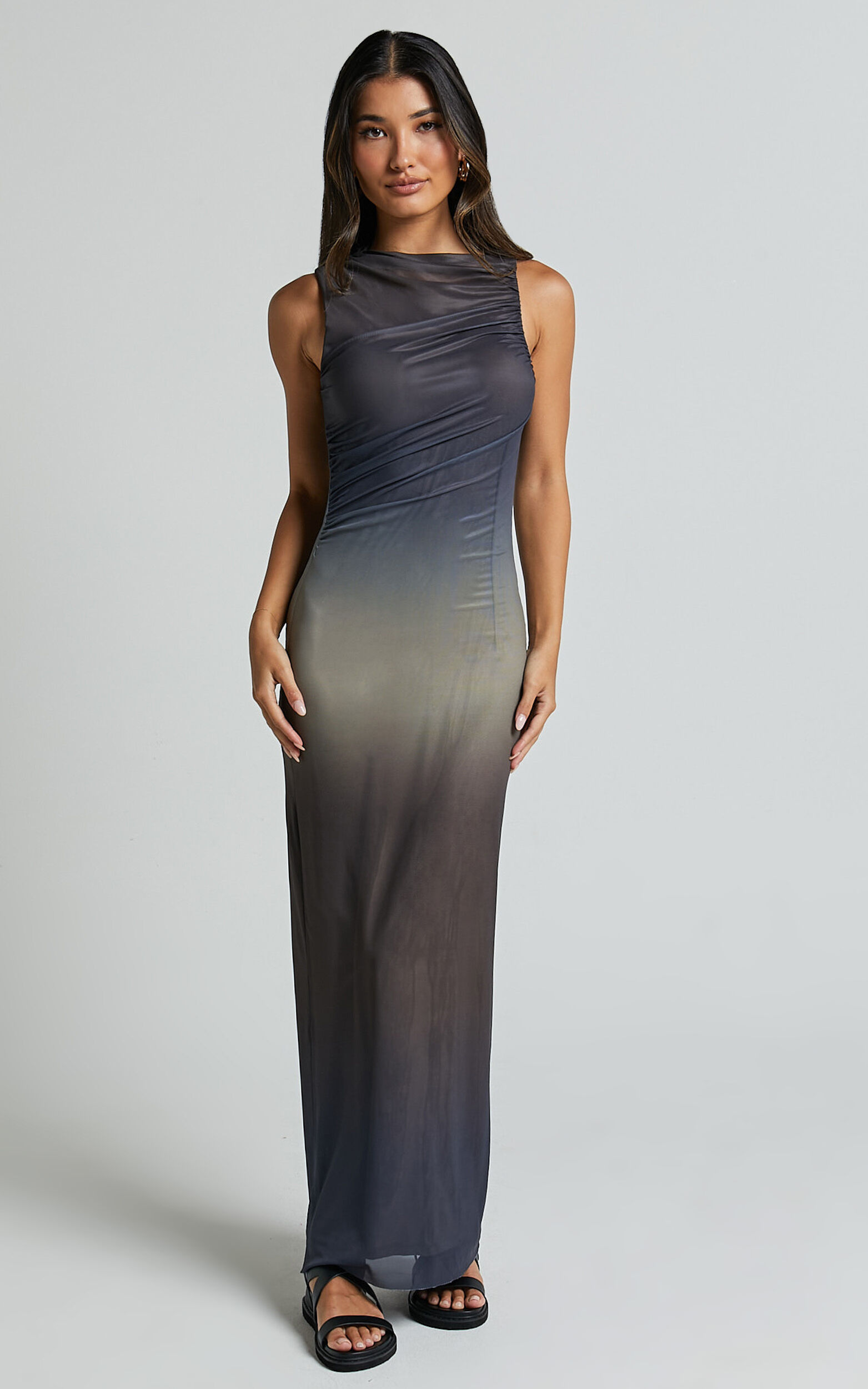 Tassa Midi Dress High Neck Slip Mesh Ombre Dress In Stormy Ombre