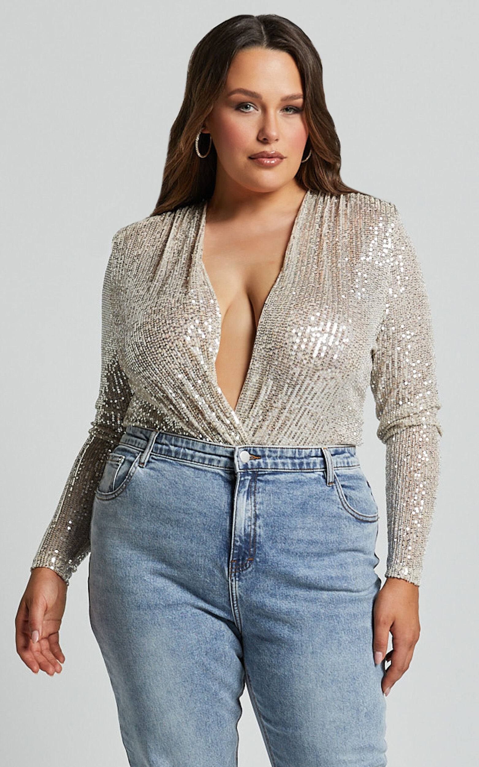 Alora Bodysuit Sequin Wrap Front Long Sleeve Bodysuit In Silver Showpo
