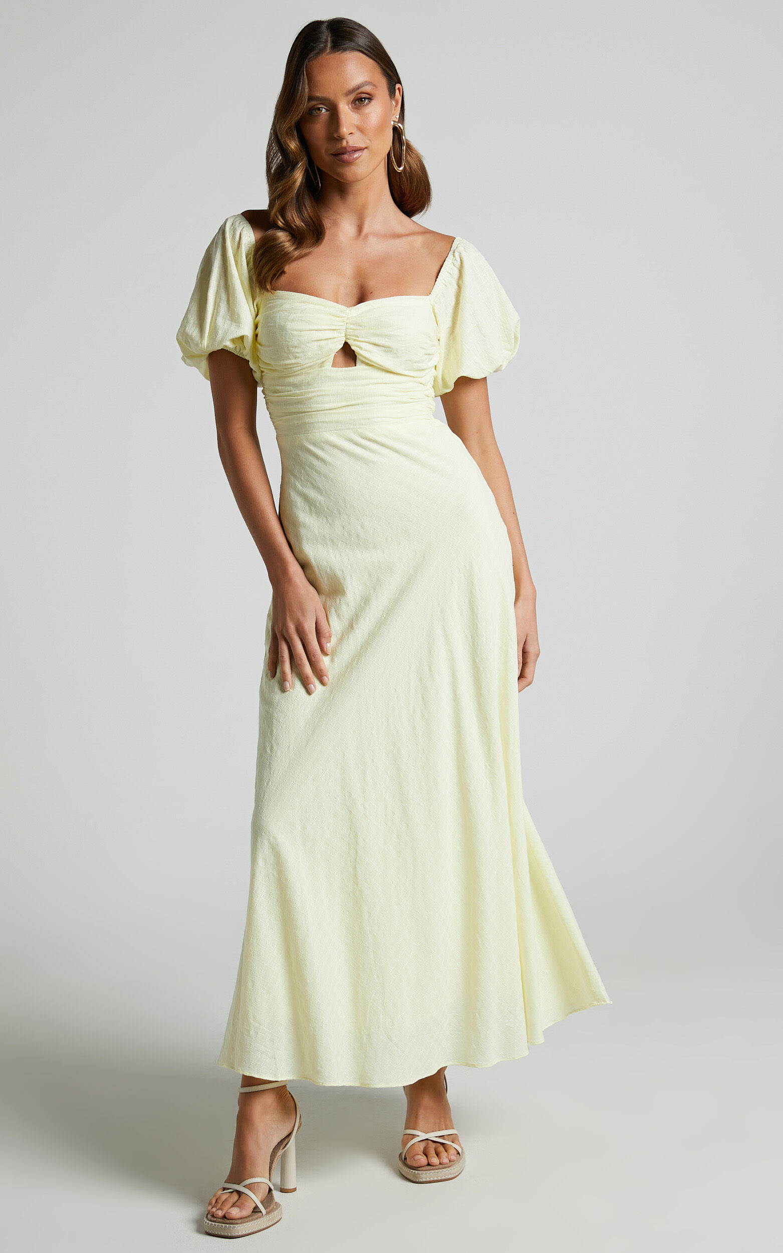 Vynna Midi Dress Scoop Neck Puff Sleeve Ruched Bust A Line Dress In