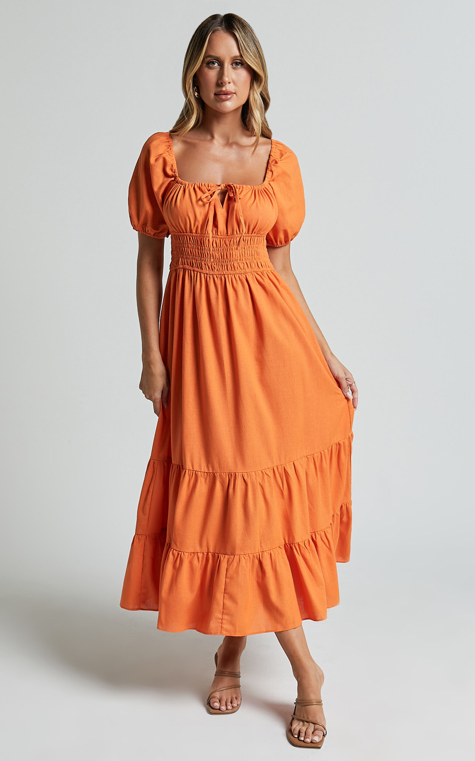 Claritza Midi Dress Linen Look Short Puff Sleeve Square Neck Tiered