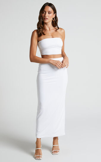 Alexavia Two Piece Set Strapless Bandeau Top And Maxi Skirt In White