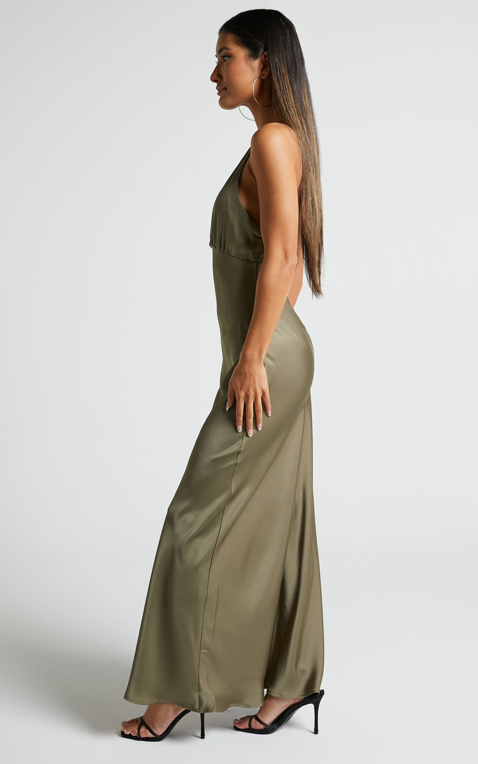 Khalani Midi Dress Deep V Neck Satin Slip Dress In Dark Olive
