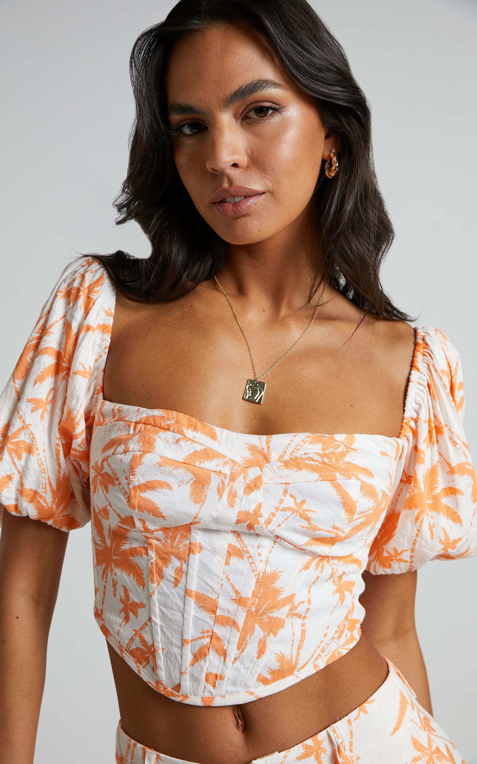 Fayella Top Puff Sleeve Corset Bodice Top In Orange Palm Showpo