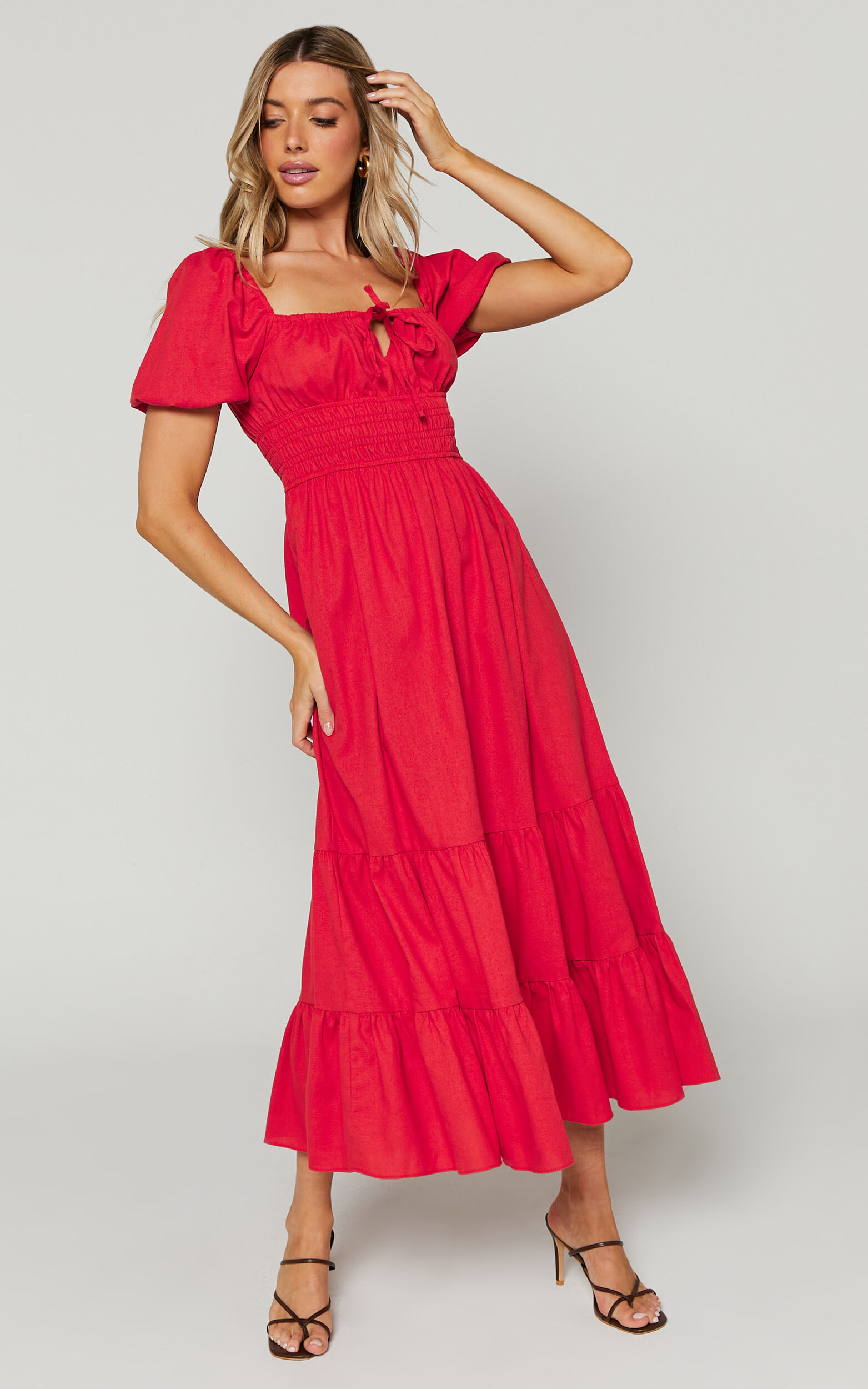 Claritza Midi Dress Linen Look Short Puff Sleeve Square Neck Tiered