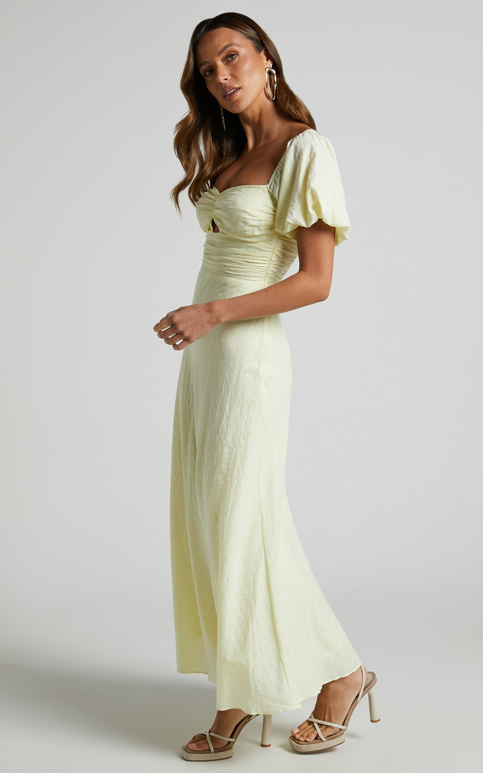 Vynna Midi Dress Scoop Neck Puff Sleeve Ruched Bust A Line Dress In