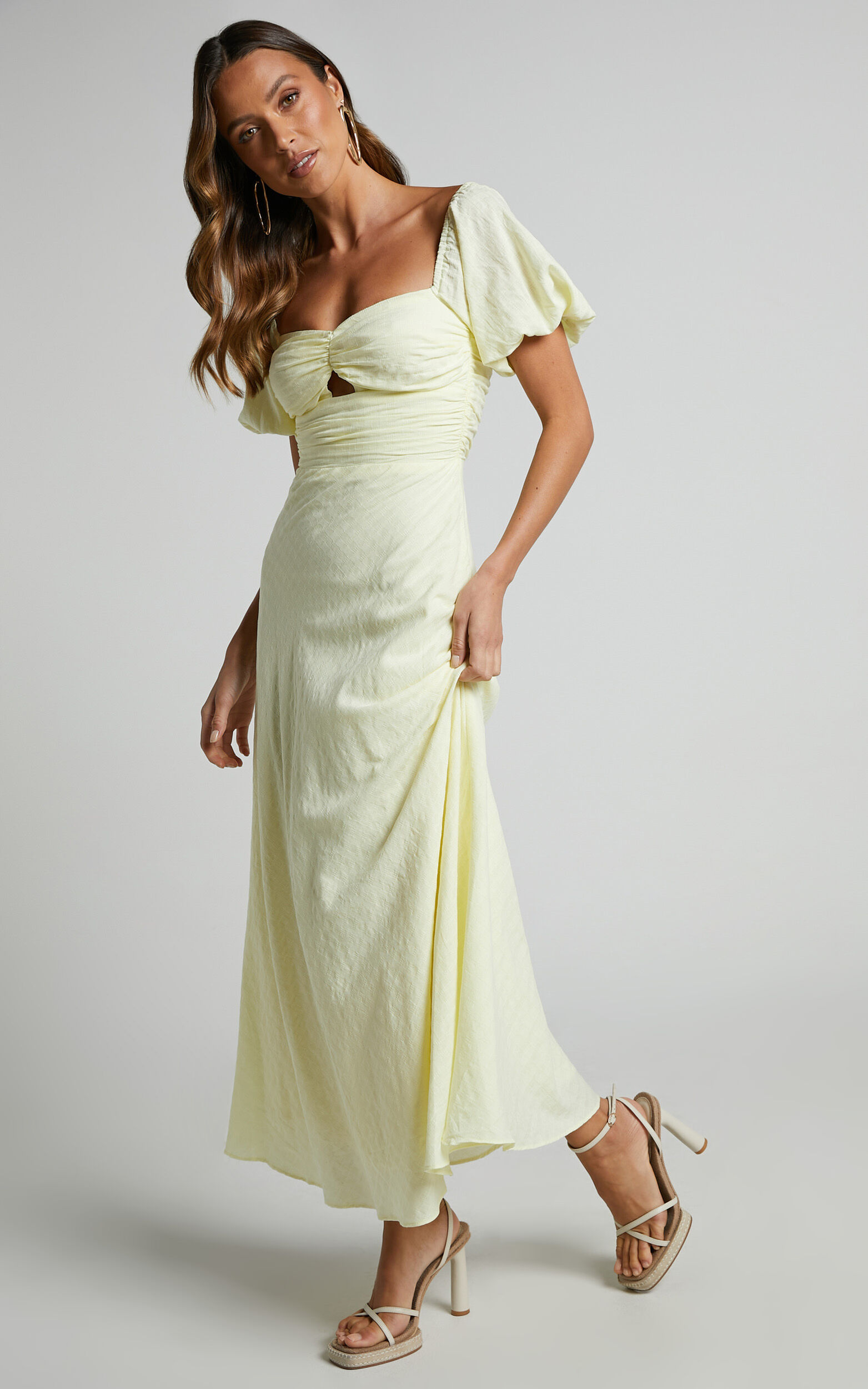 Vynna Midi Dress Scoop Neck Puff Sleeve Ruched Bust A Line Dress In