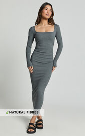 Lucy Midi Dress - Ribbed Side Ruched Bodycon Dress In Charcoal | Showpo