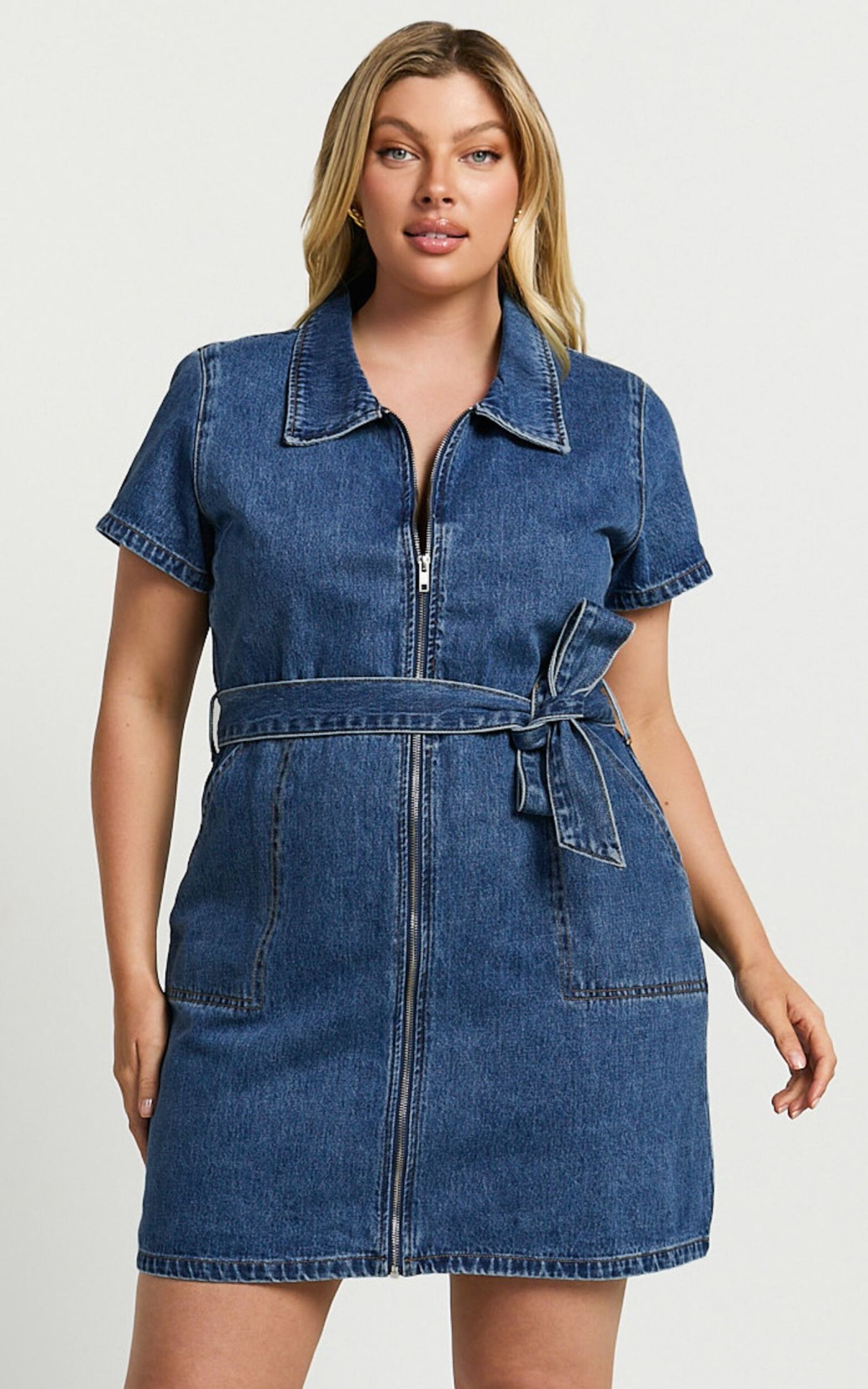 Nandini Mini Dress Zip Through Denim Dress In Blue Showpo Usa